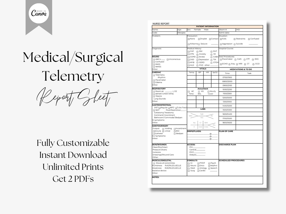 Medical/ Surgical/ Telemetry Nurse Report Sheet template – Bahandi.