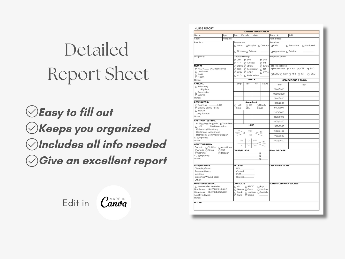 Medical/ Surgical/ Telemetry Nurse Report Sheet template – Bahandi.
